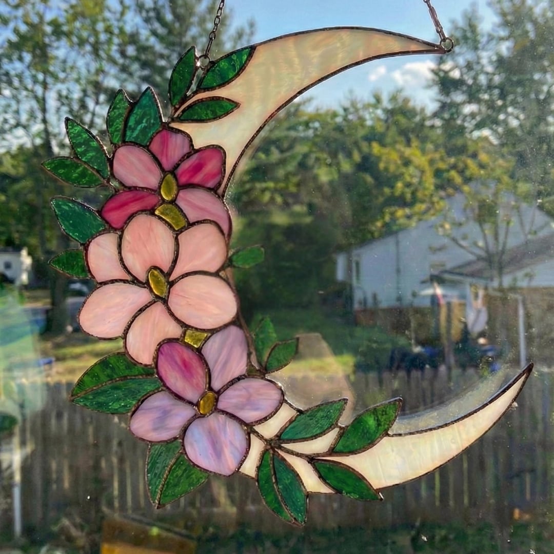 Floral Moon Stained Glass Pattern, DIY Suncatcher Template (PDF SVG) - Etsy
