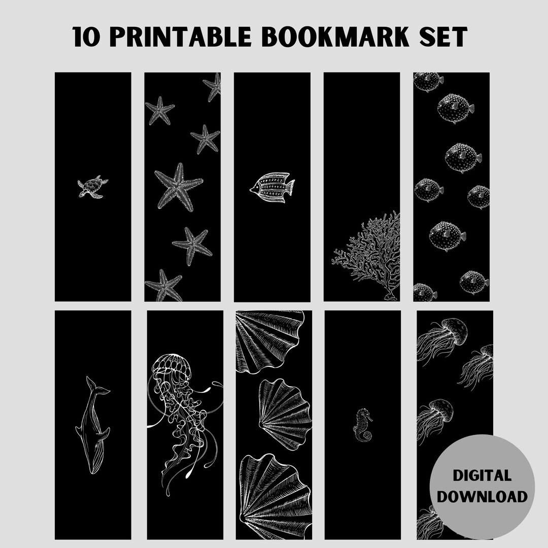 10 Printable Black and White Ocean Themed Bookmark, Bookmark Set ...