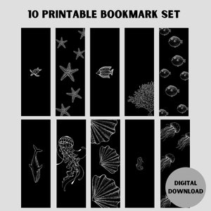 10 Printable Black and White Ocean Themed Bookmark, Bookmark Set ...