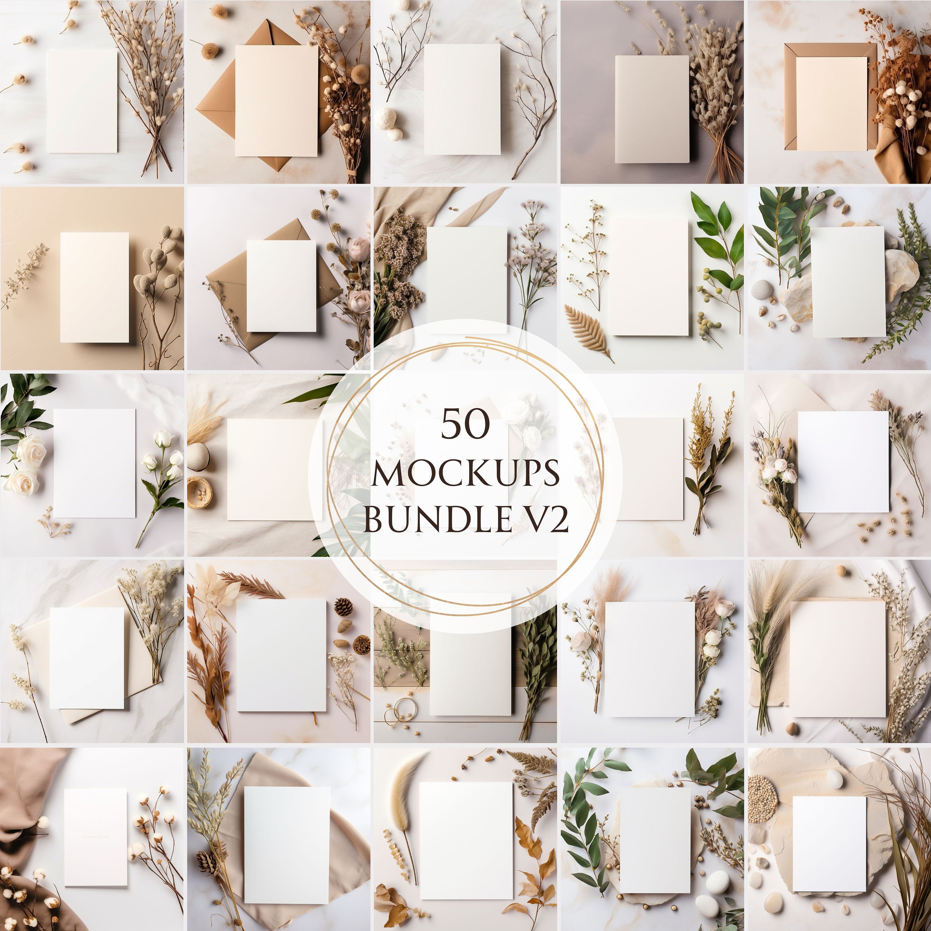 50 Boho Card Mockup Bundle: Rustic Art Card Invitations (JPG Digital ...