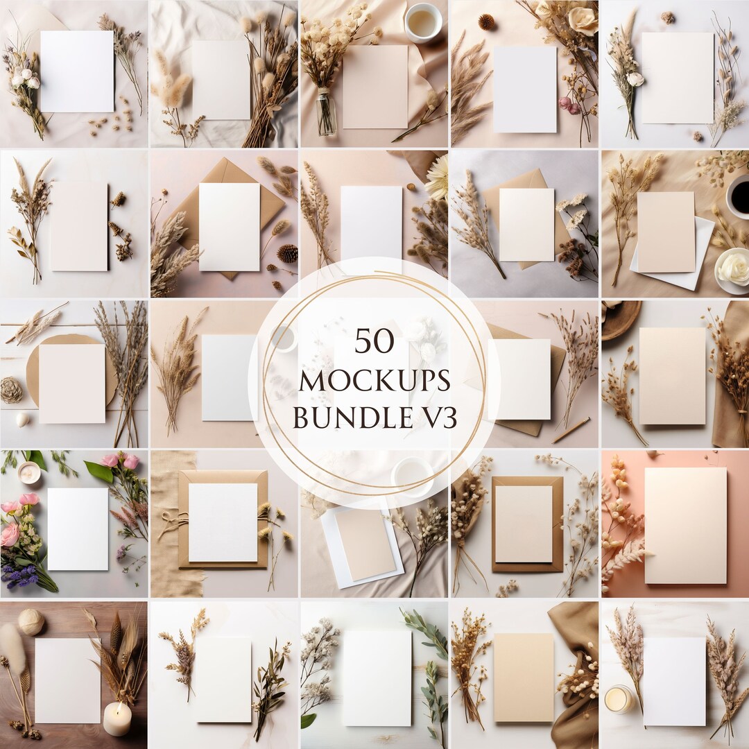 50 Boho Card Mockup Bundle: Rustic Invitation & Art Card (JPG Digital ...