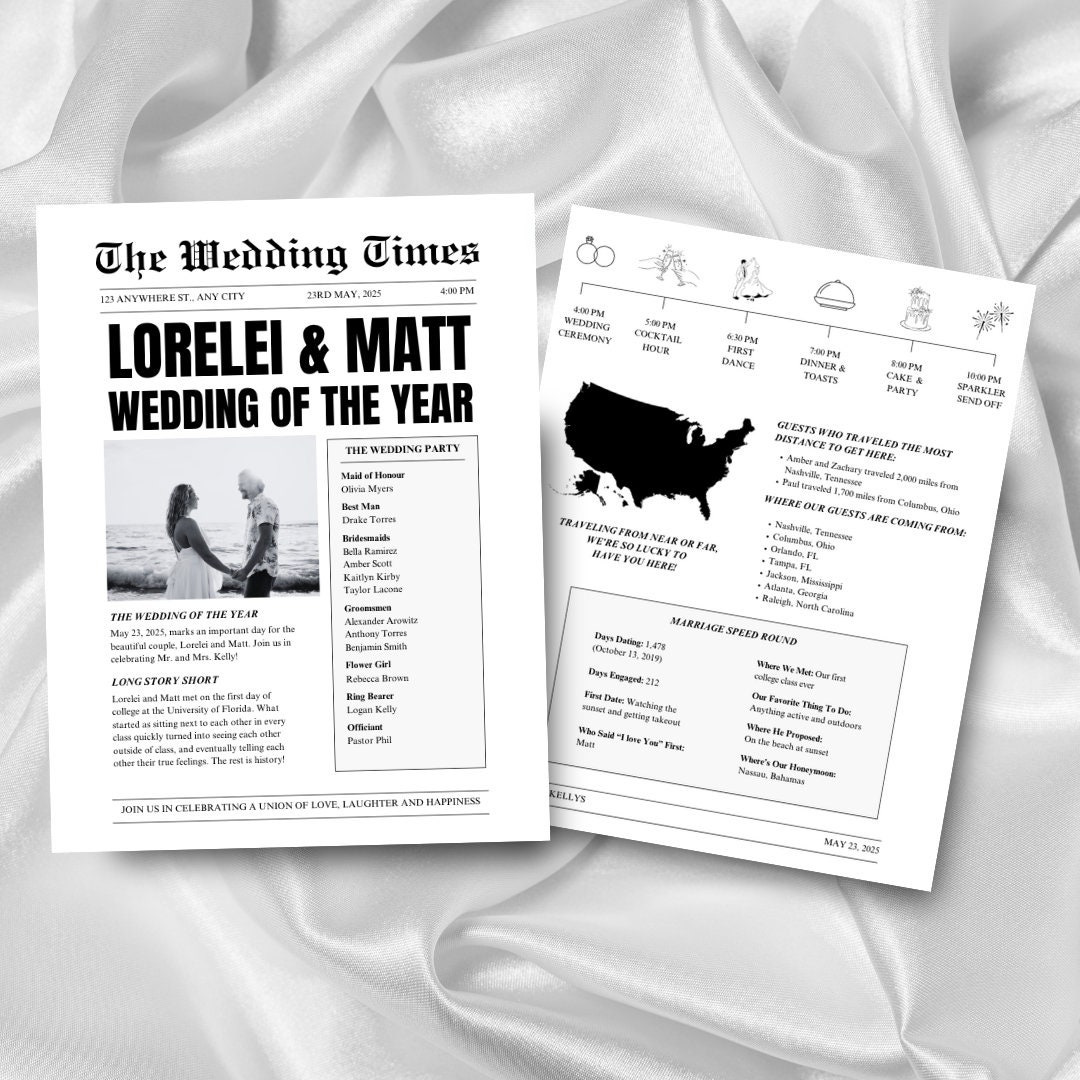 Canva Wedding Newspaper, Wedding Newspaper Template, Editable Wedding ...