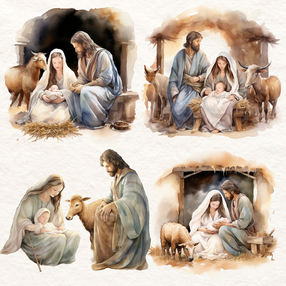 Nativity Scene Mary & Joseph Clip Art Watercolor Bundle, Baby Jesus ...