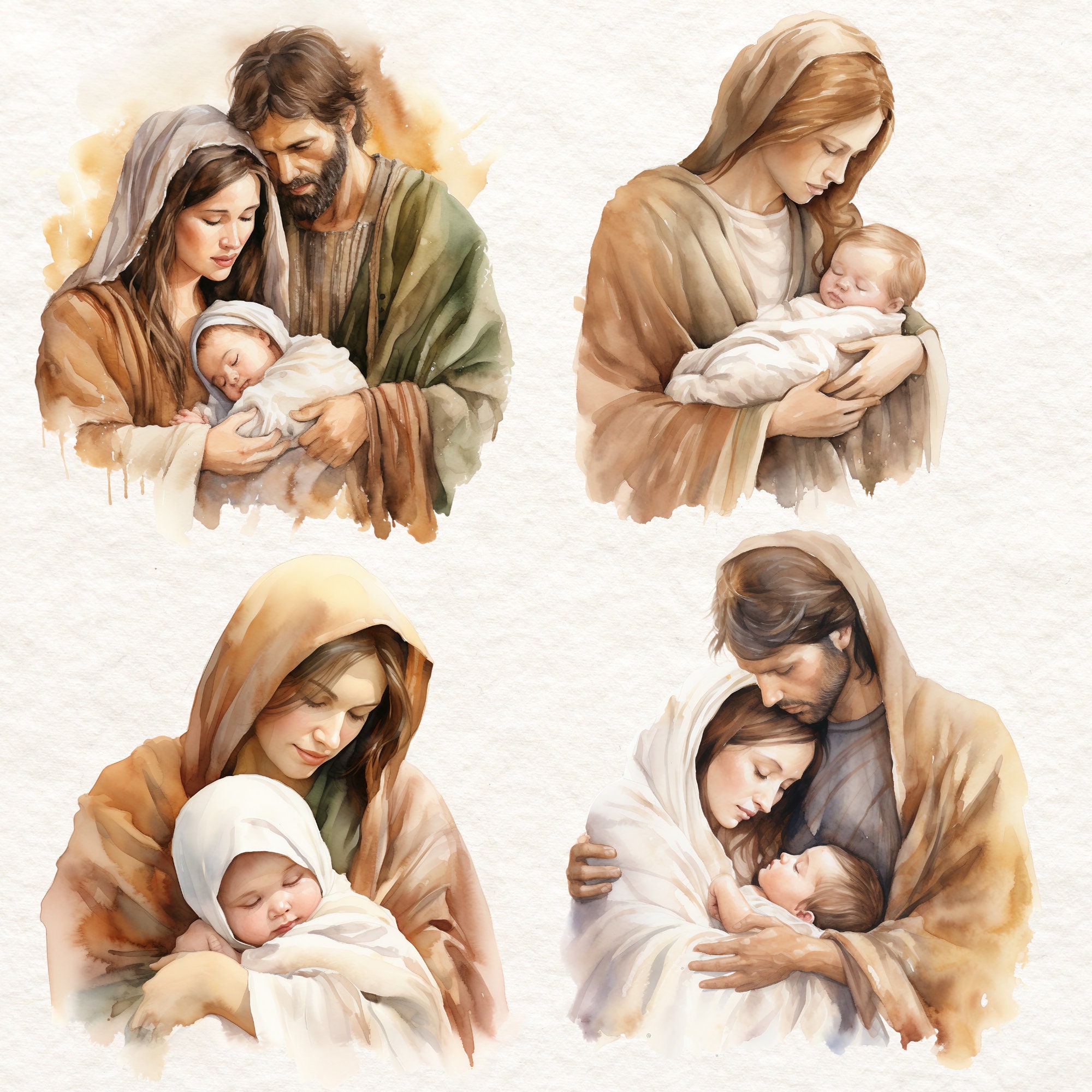 Nativity Scene Mary & Joseph Clip Art Watercolor Bundle, Baby Jesus ...