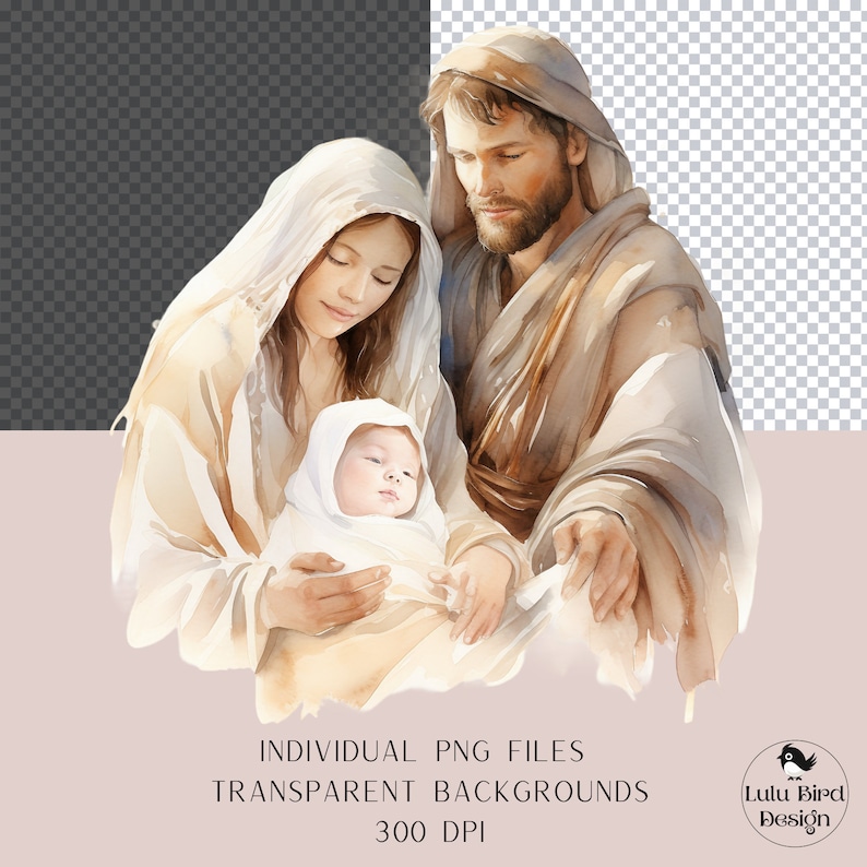 Nativity Scene Mary & Joseph Clip Art Watercolor Bundle, Baby Jesus ...