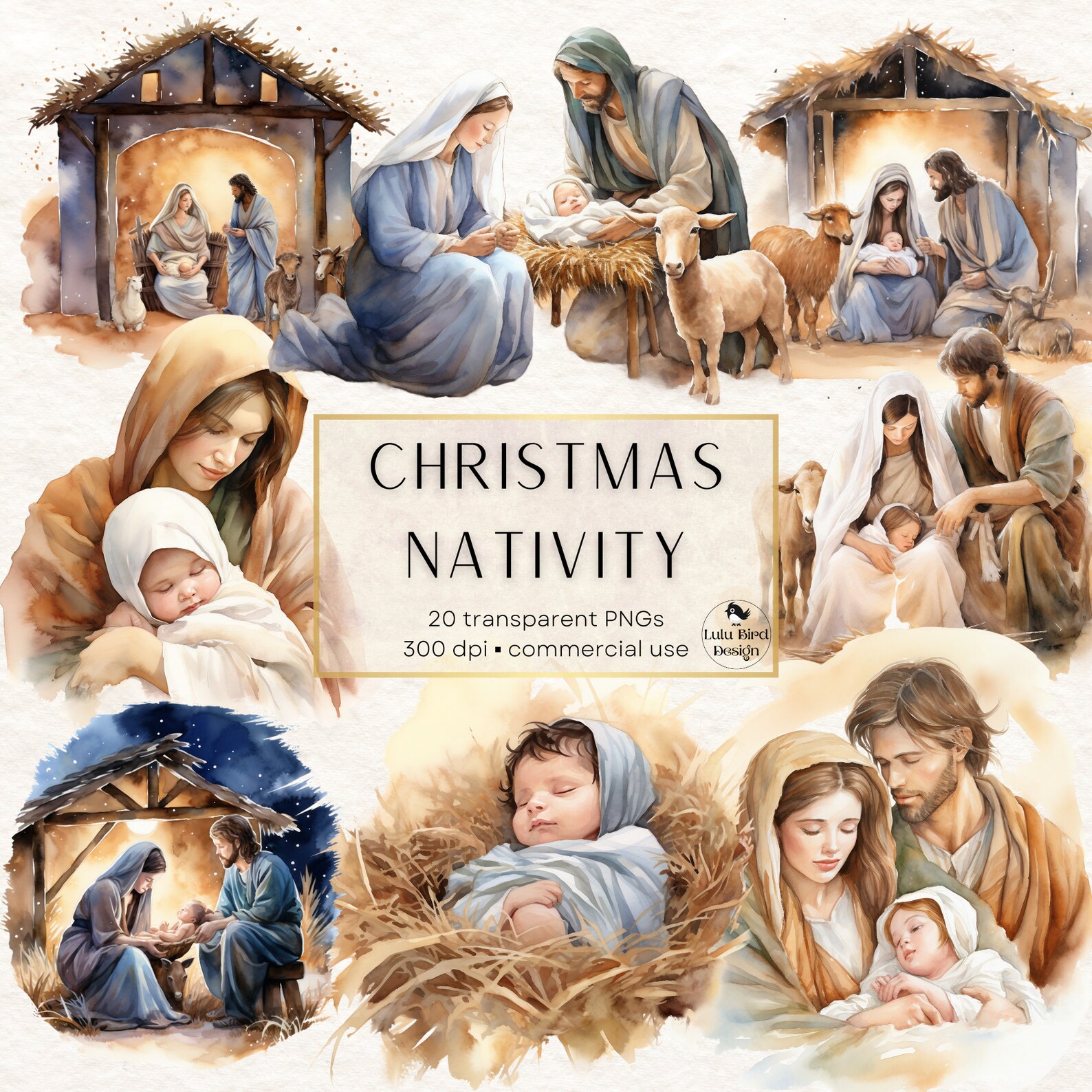 Nativity Scene Mary & Joseph Clip Art Watercolor Bundle, Baby Jesus ...