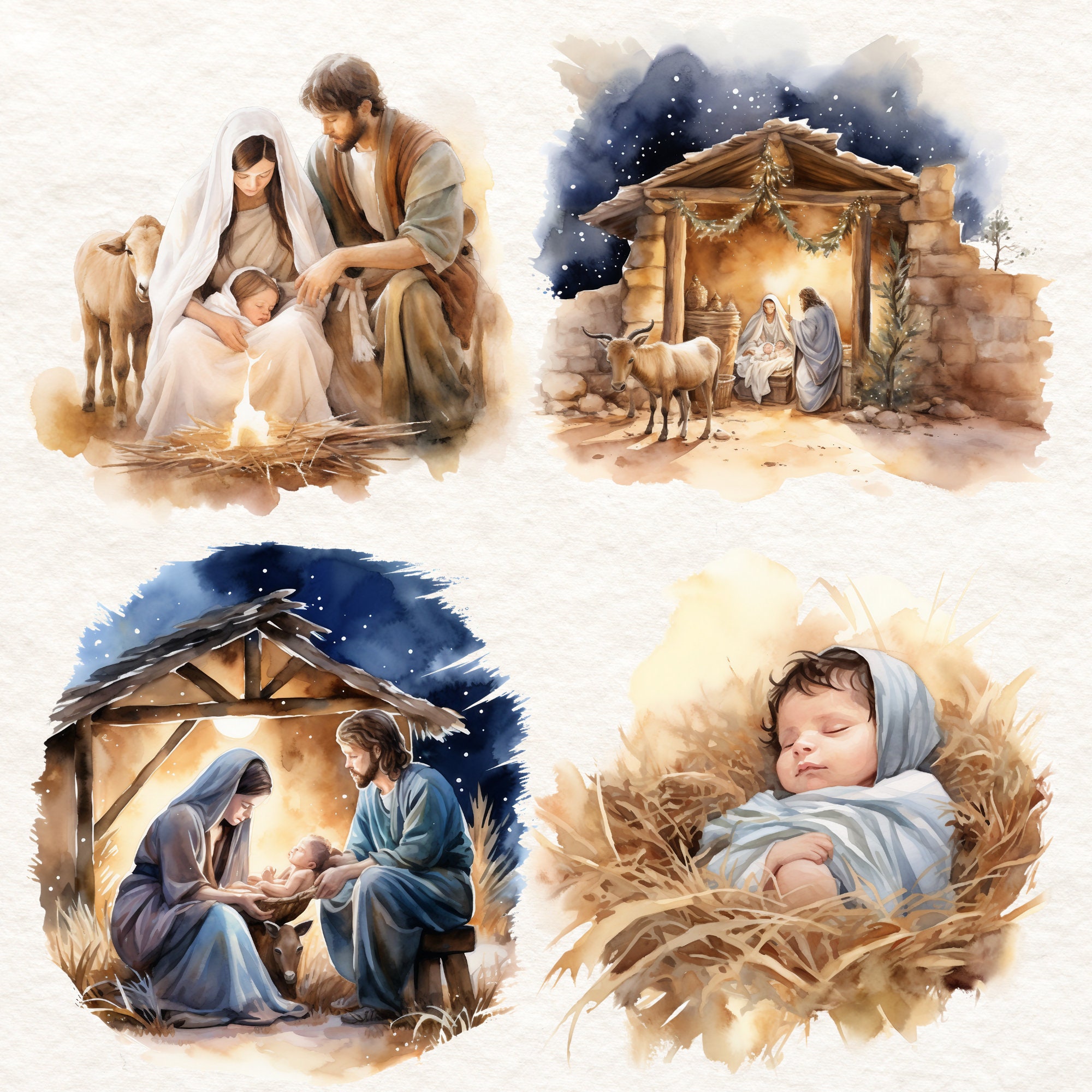 Nativity Scene Mary & Joseph Clip Art Watercolor Bundle, Baby Jesus ...