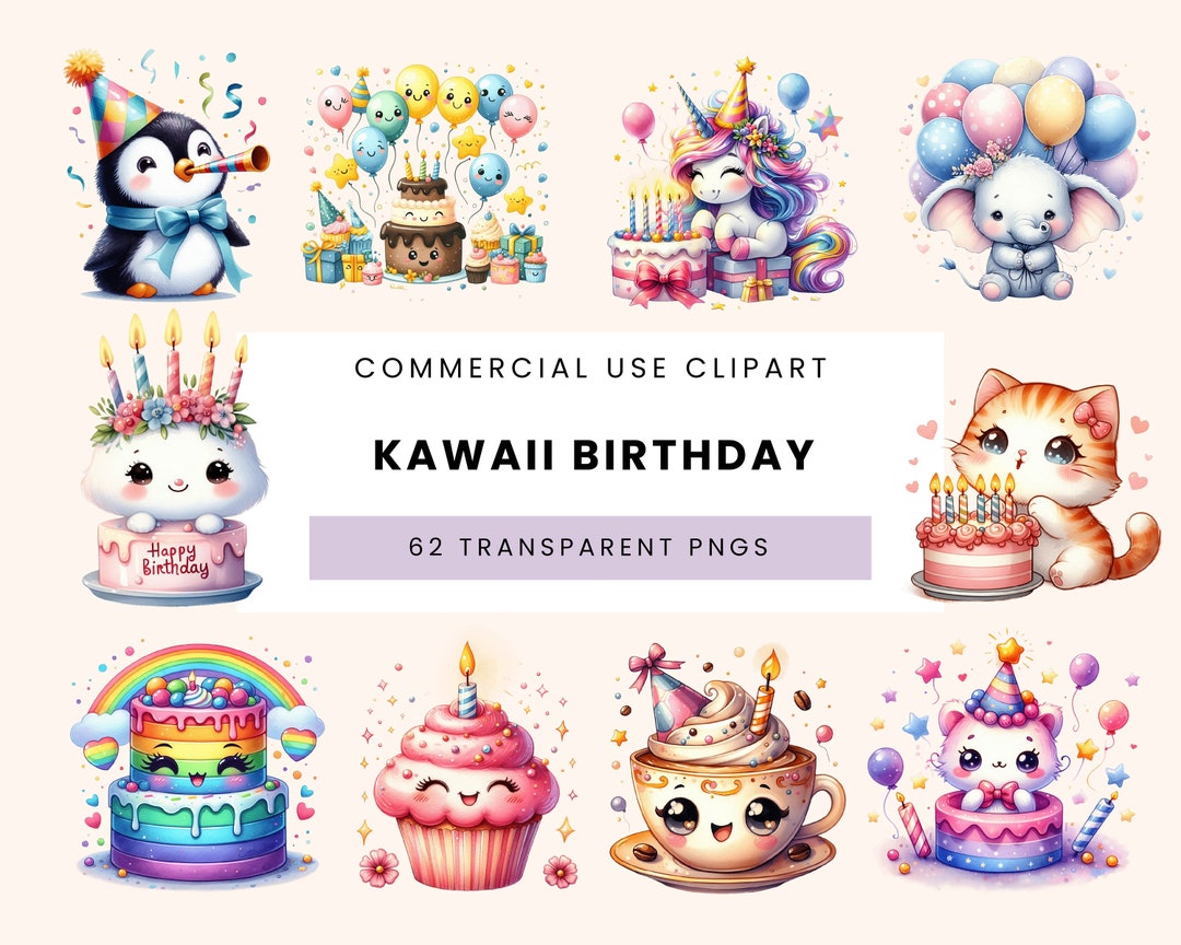 62 Cute Kawaii Birthday Clipart Bundle, Kawaii Birthday Png, Happy ...