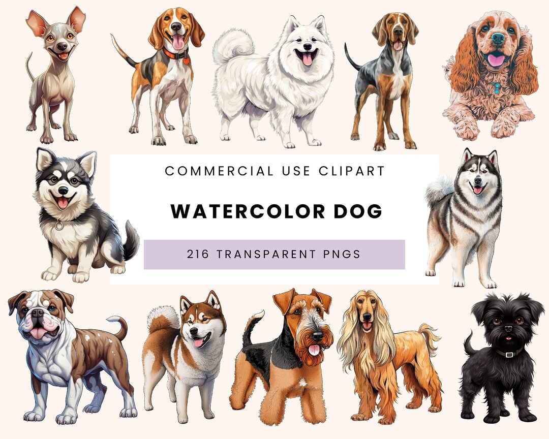 216 Watercolor Dog Clipart Bundle, Dogs PNG, Dog Breeds PNG ...