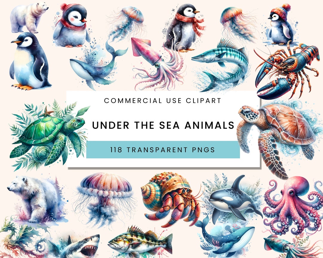 118 Cute Under the Sea Watercolor Animals Clipart PNG Bundle, Sea ...