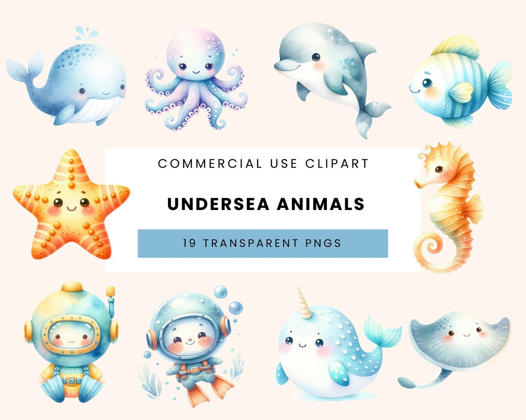 19 Undersea Watercolor Clipart, Cute Ocean Animals PNG, Baby Shower ...