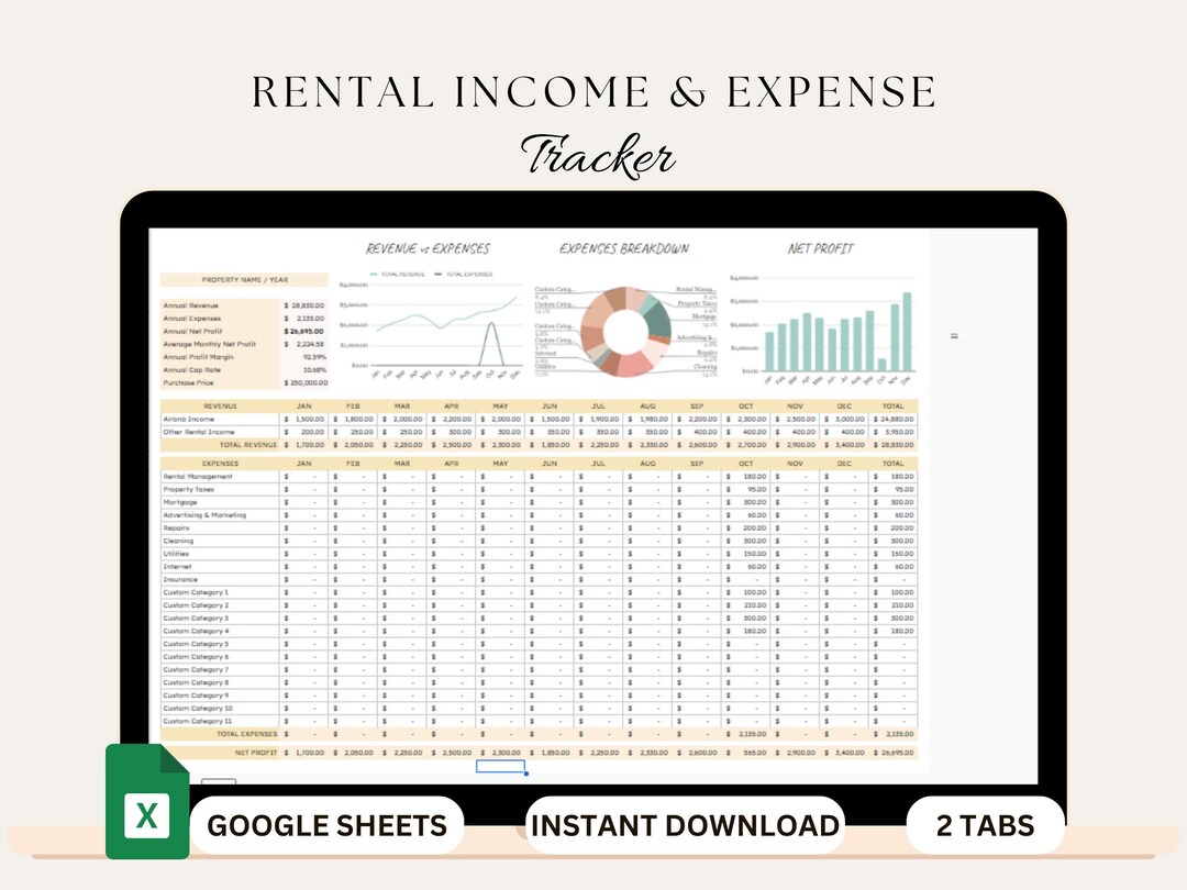 Rental Property Income & Expense Tracker: Google Sheets (digital ...