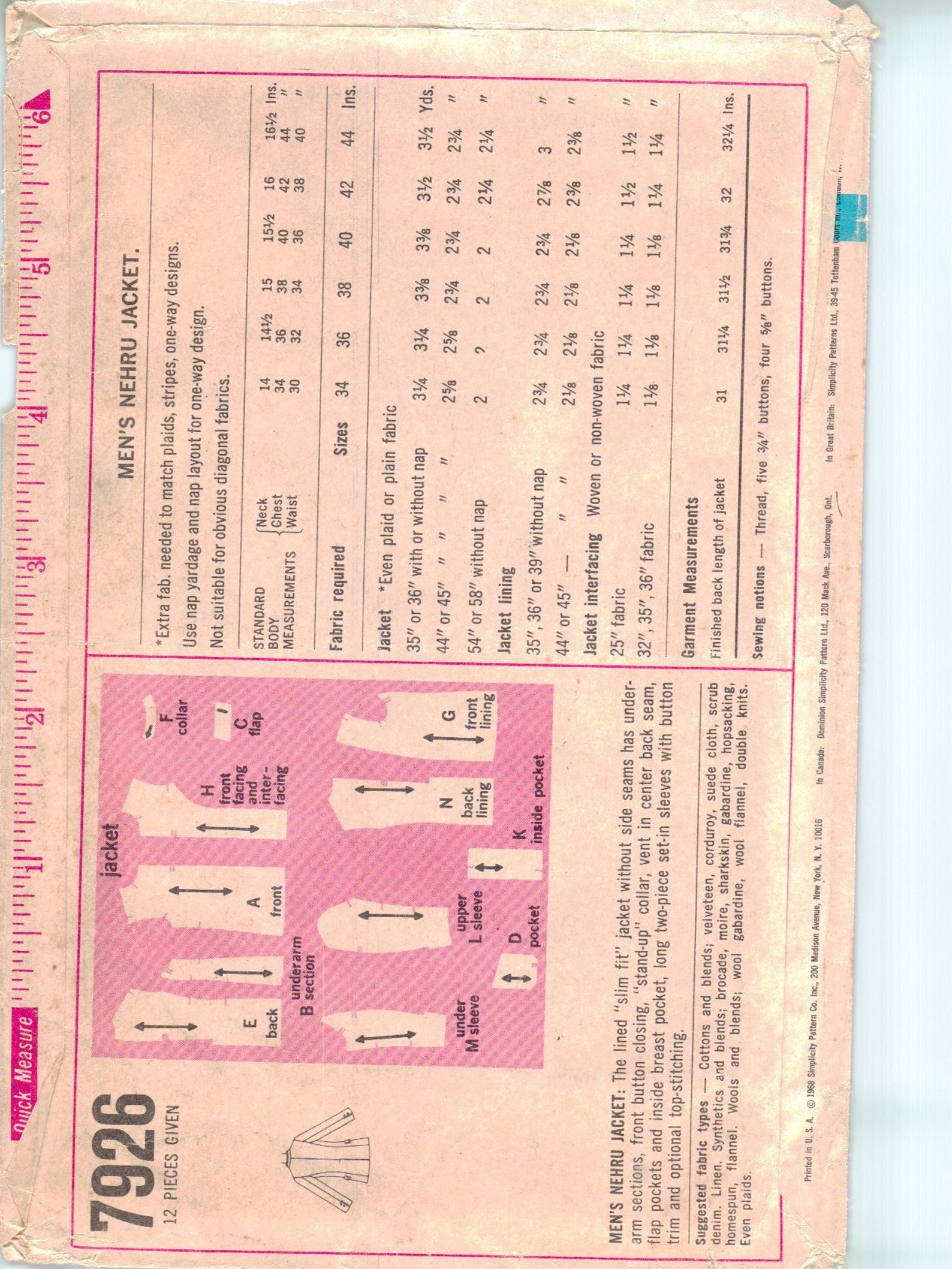 Vintage 1960s Pattern –mens Nehru Jacket, Chest 36" Simplicity 7926 - Etsy