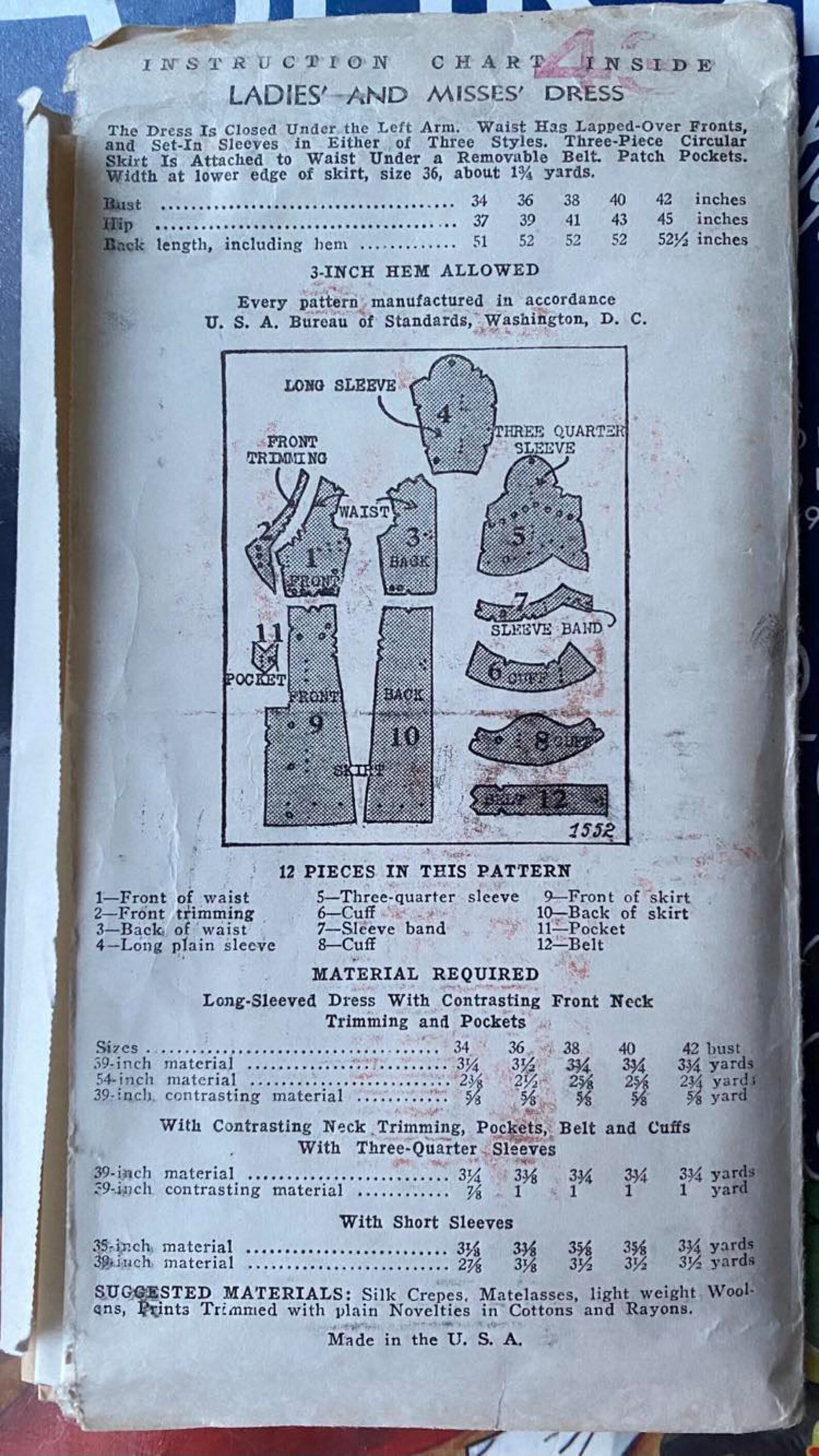 Vintage 1930's Sewing Pattern: Slick Art Deco Style Dress - Bust 34 ...