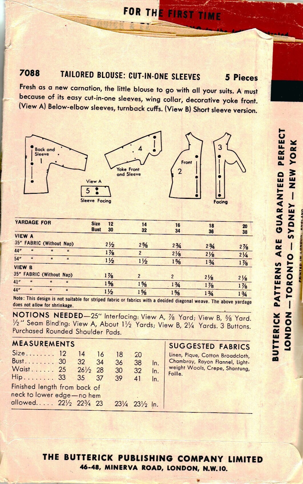 1950s Sewing Pattern Tailored Blouse: Cut-in-one Sleeves - Etsy