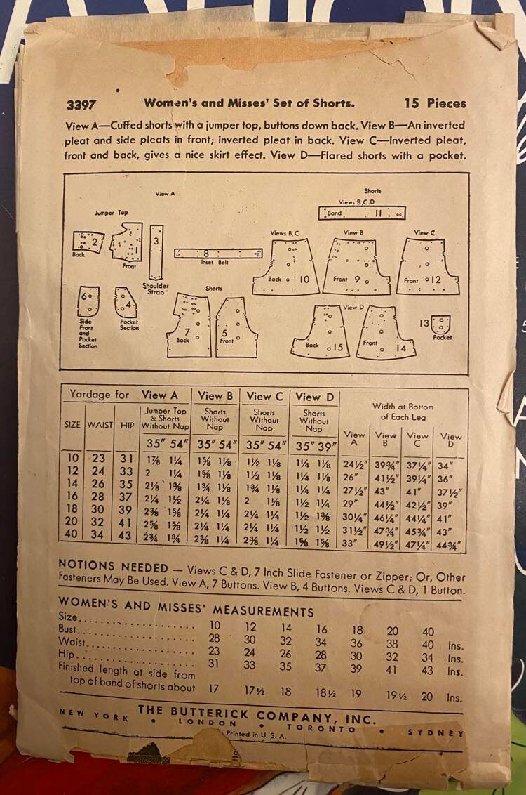 Vintage 1940s Sewing Pattern Overalls/dungarees/shorts Waist 23 ...