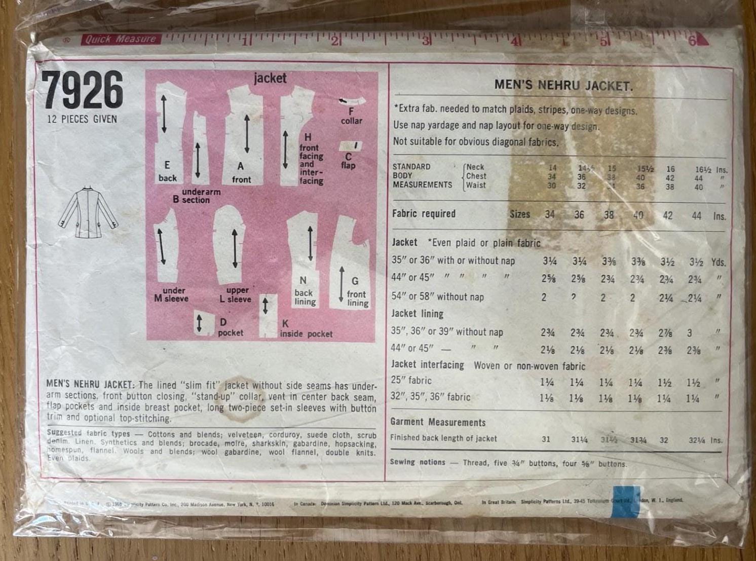 Vintage 1960s Sewing Pattern – Men's Nehru Jacket, Chest 34" (86.3cm ...