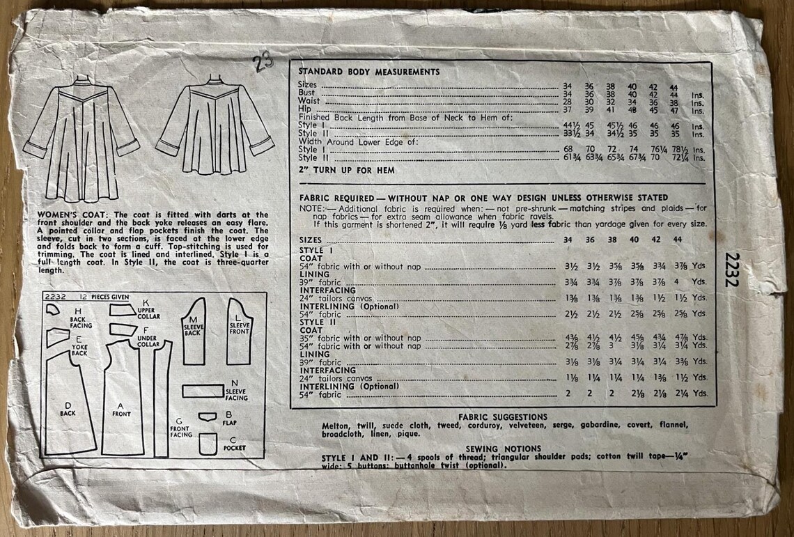 Vintage 1940s Sewing Pattern: Women's Coat - Bust 34" (86.4cm ...