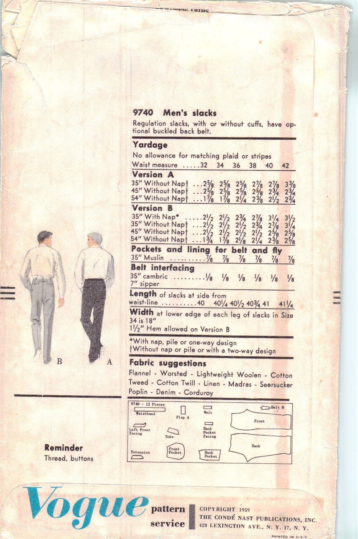 Vintage Vogue 9740 1950s Sewing Pattern, Mens Trousers Waist: 38 - Etsy