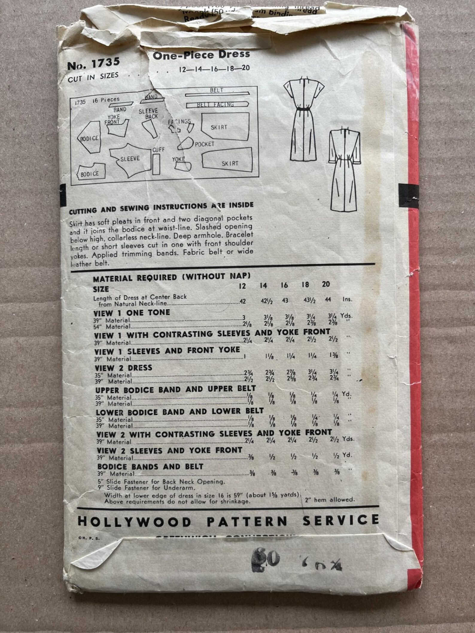 Vintage 1940s Sewing Pattern: One-piece Dress - Bust 32" (81.3cm ...