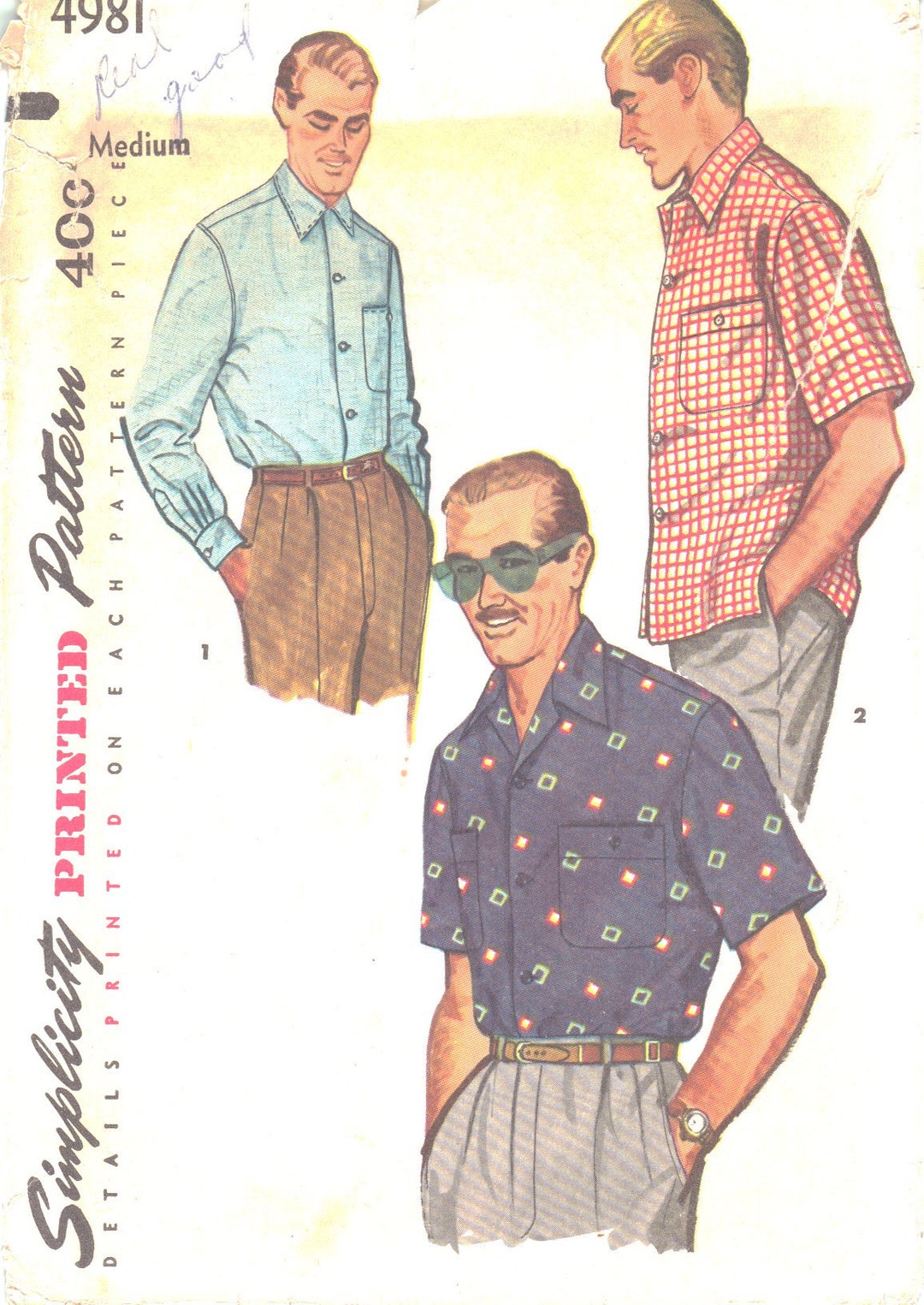 Vintage 1950s Sewing Pattern, Sport Shirt - Chest: 38” – 40” (97cm ...