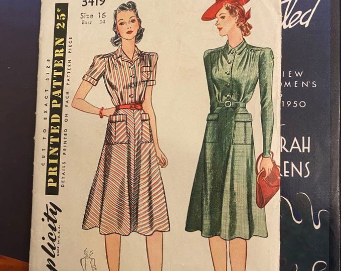 Vintage 1940's Sewing Pattern: Tailored Dress - Bust 34” - Simpliciyu ...