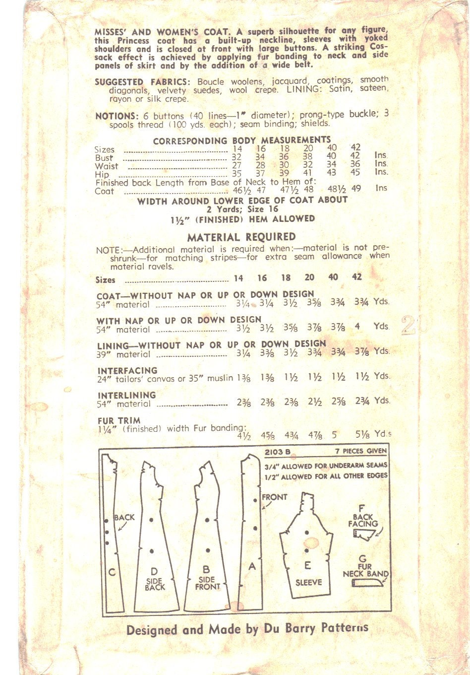 Vintage 1940s Sewing Pattern, Coat - Bust: 40” (101cm) - Etsy