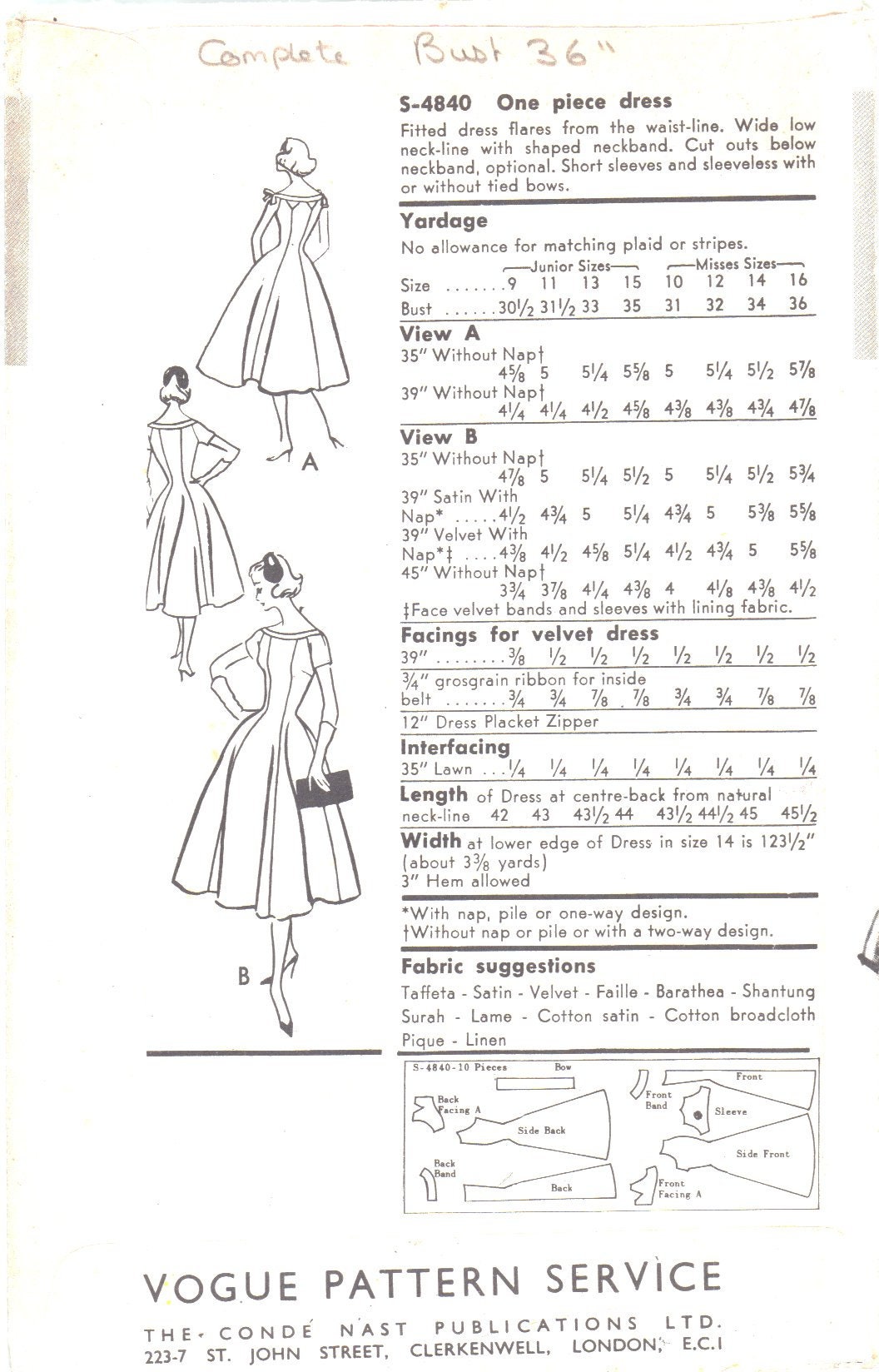 Vintage 1950s Sewing Pattern, One Piece Dress - Bust: 36” (91cm) - Etsy