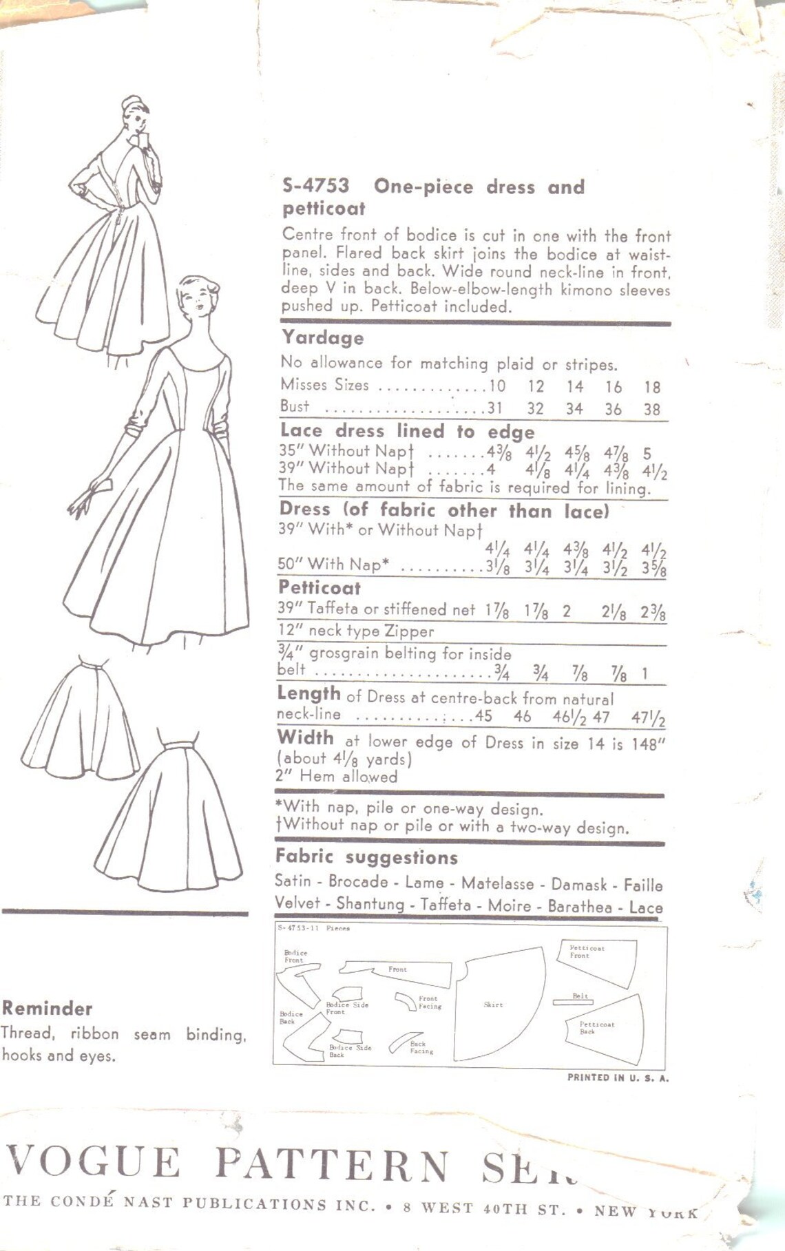 Vintage 1950s Sewing Pattern, One-piece Dress & Petticoat - Bust: 34 ...