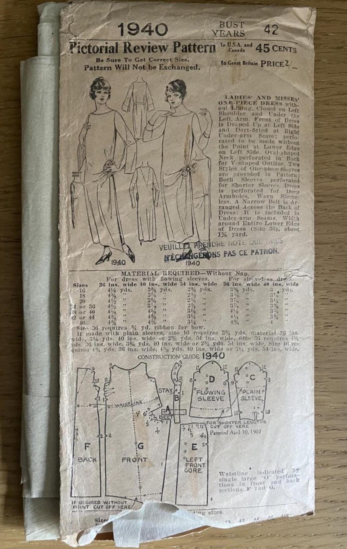 Vintage 1920's Sewing Pattern: Ladies One-piece Dress - Bust 42" (106 ...