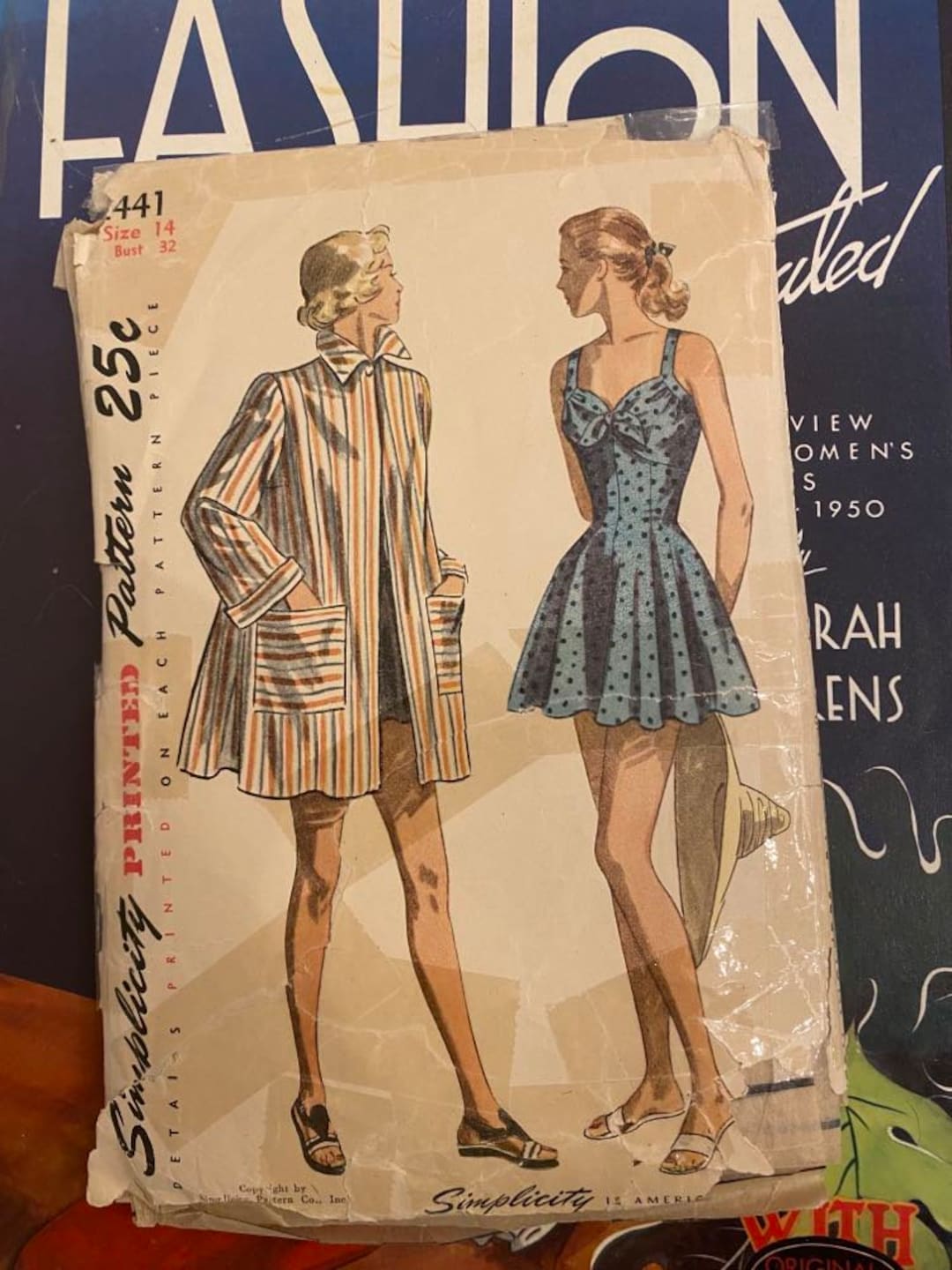 Vintage 1940's Sewing Pattern: One-piece Bathing Suit and Beach Coat ...