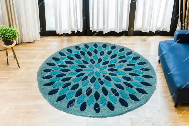 Round Teal Blue Area Rug 100% Wool Hand Tufted Home Decor Rug for ...