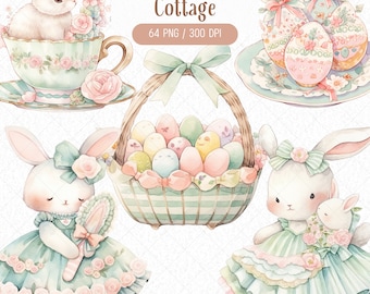 Watercolor Pink Bunny Clipart Bundle, Easter Egg Cottagecore ...