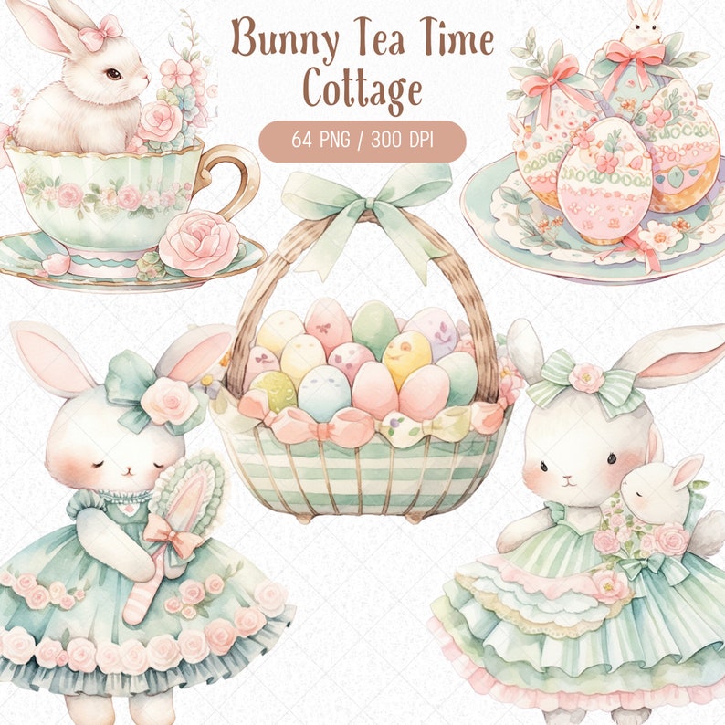 Watercolor Bunny Tea Time Clipart Bundle, Cottagecore Easter PNG ...