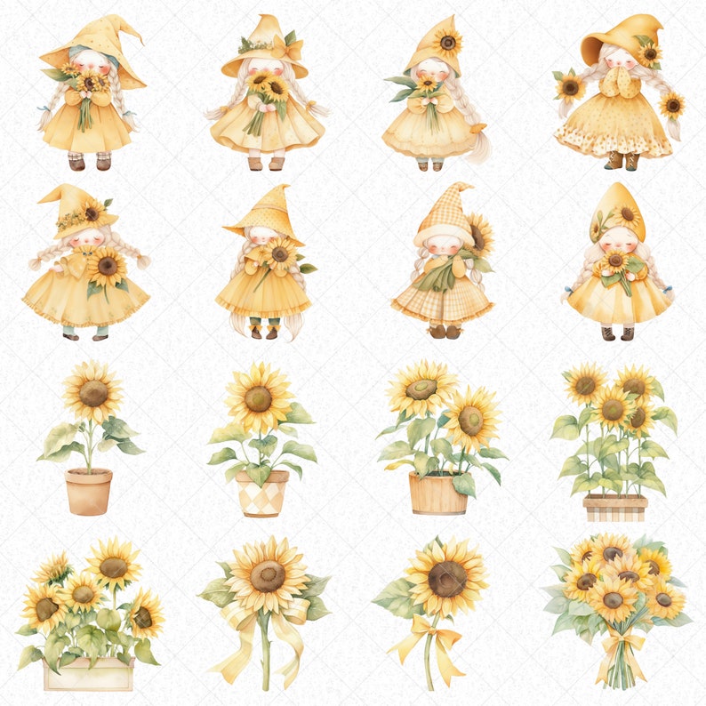 Watercolor Sunflower Girl Clipart Bundle, Cottagecore PNG Graphics ...