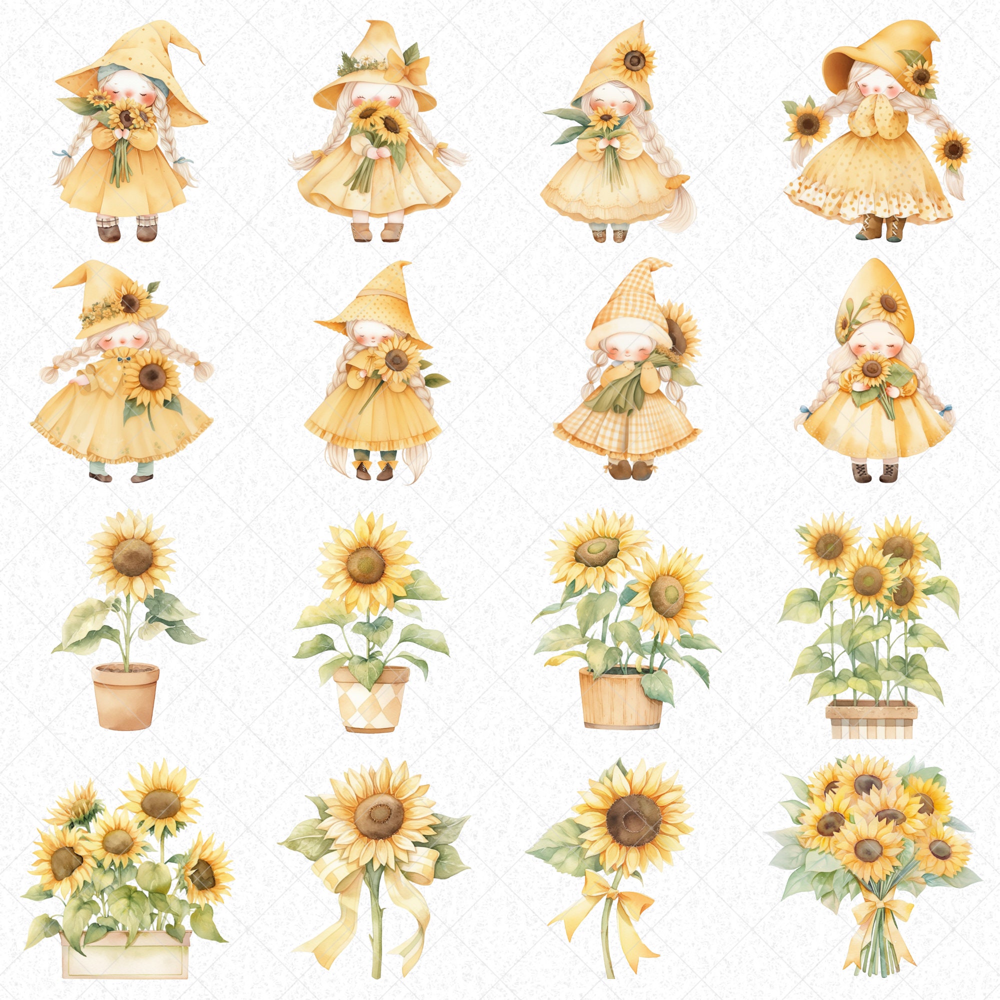 Watercolor Sunflower Girl Clipart Bundle, Bloom Cottagecore Style ...