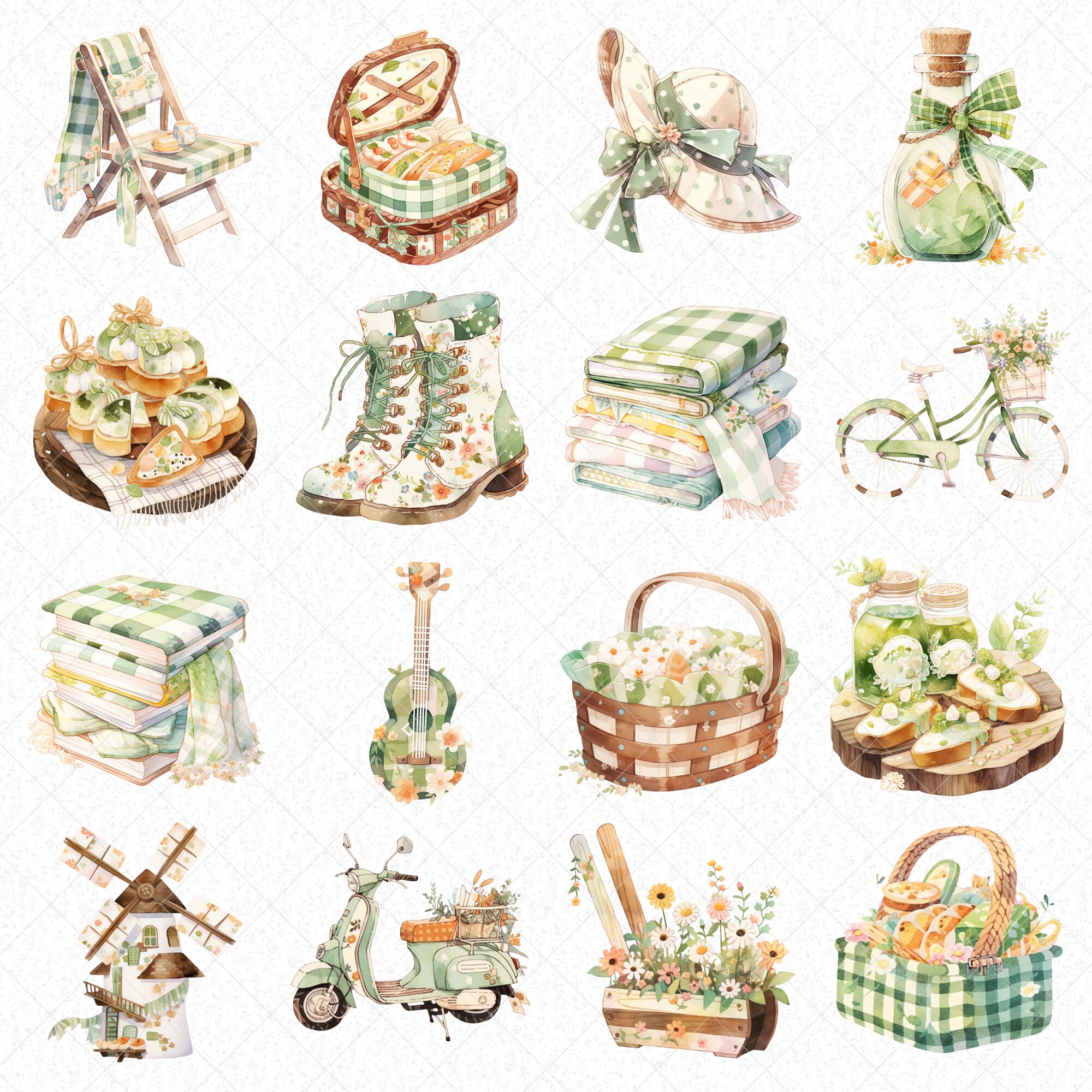 Watercolor Spring Picnic Clipart Bundle, Cottagecore PNG Countryside ...
