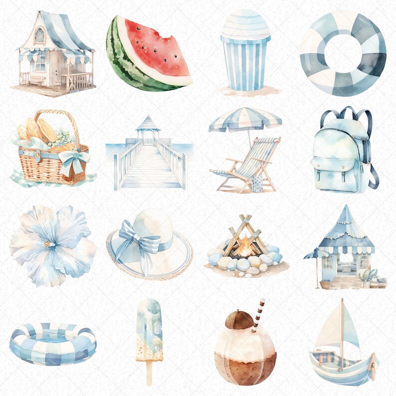 Watercolor Summer Beach Clipart Bundle, Ocean Cottagecore Style ...