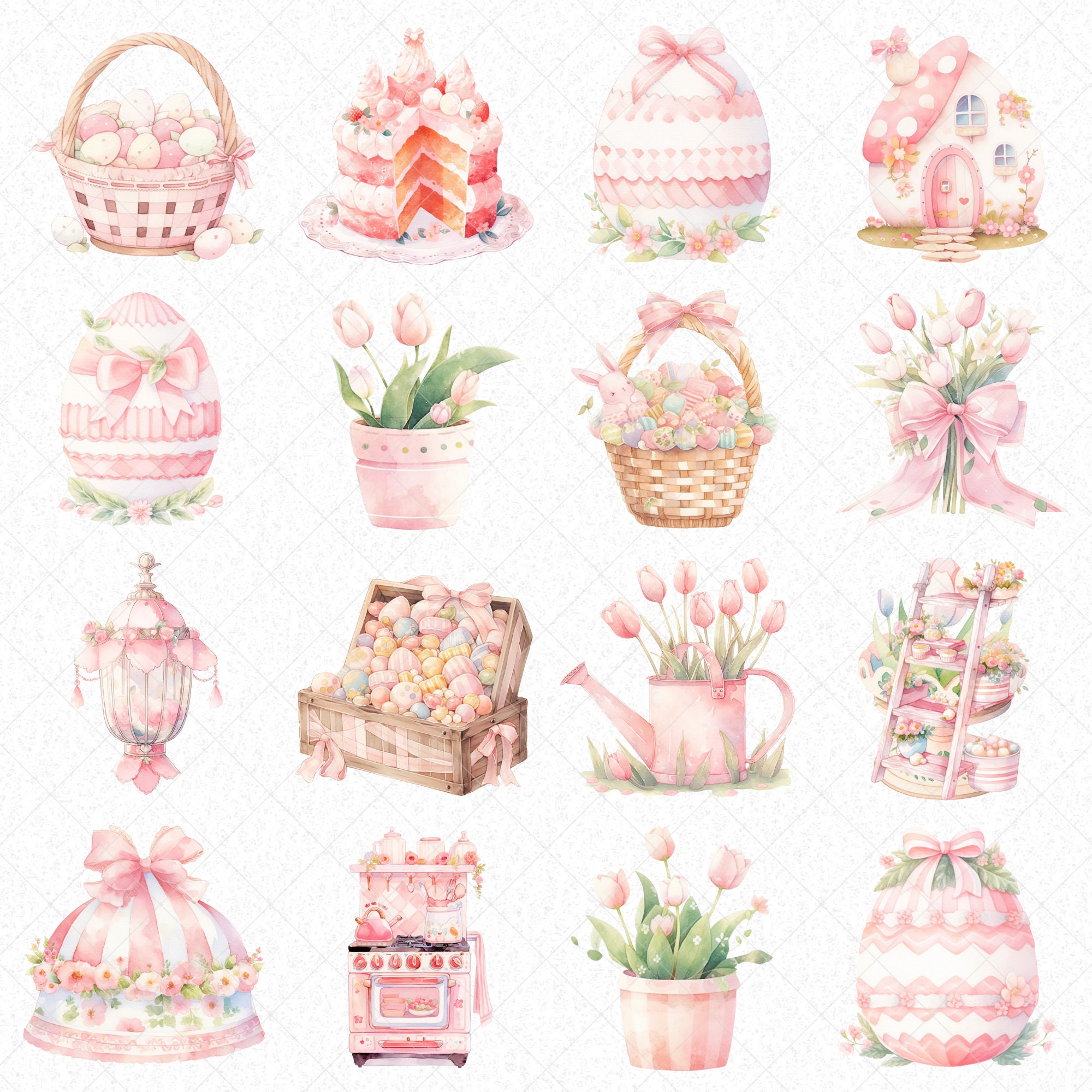 Watercolor Pink Bunny Clipart Bundle, Easter Egg Cottagecore ...