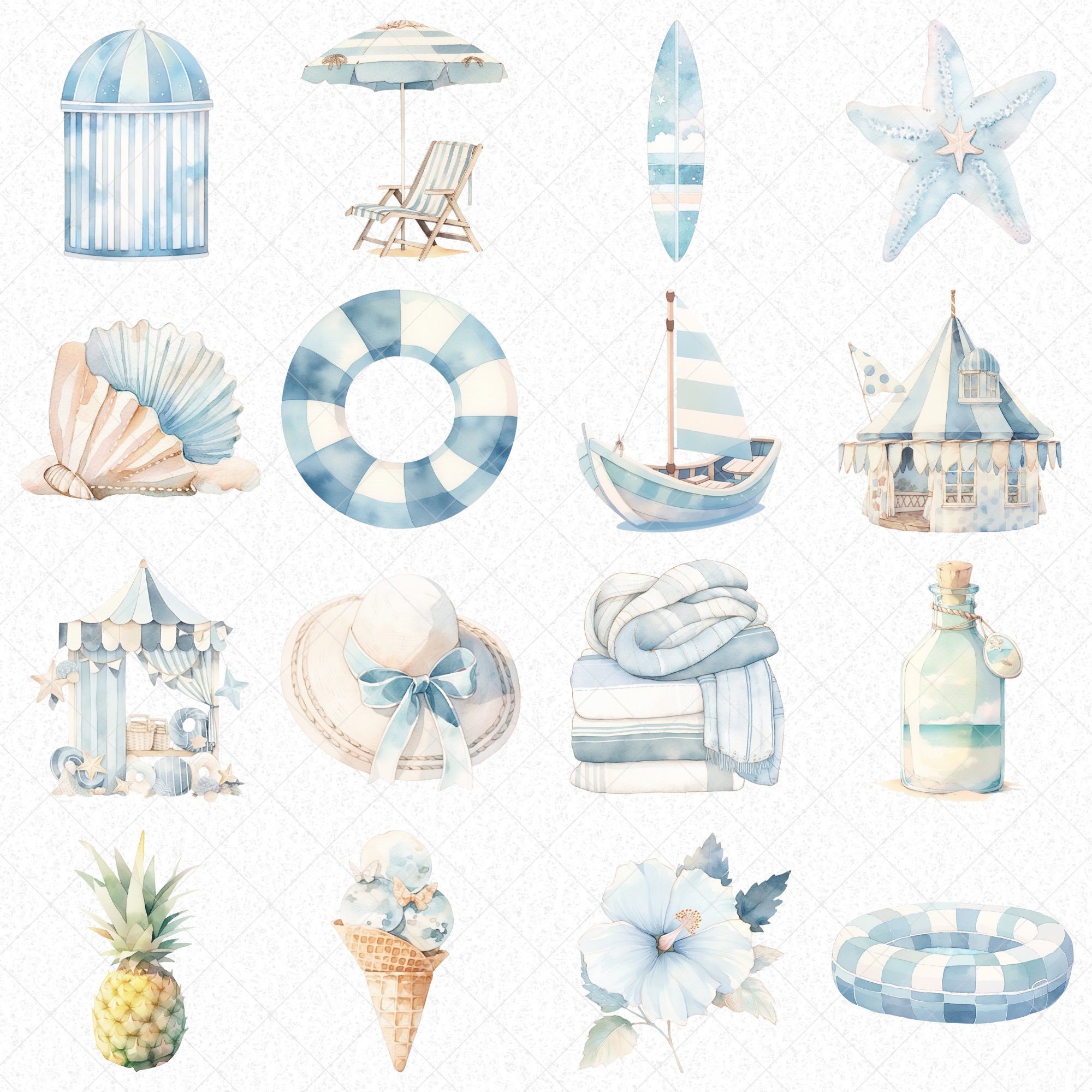 Watercolor Summer Beach Clipart Bundle, Ocean Cottagecore Style ...