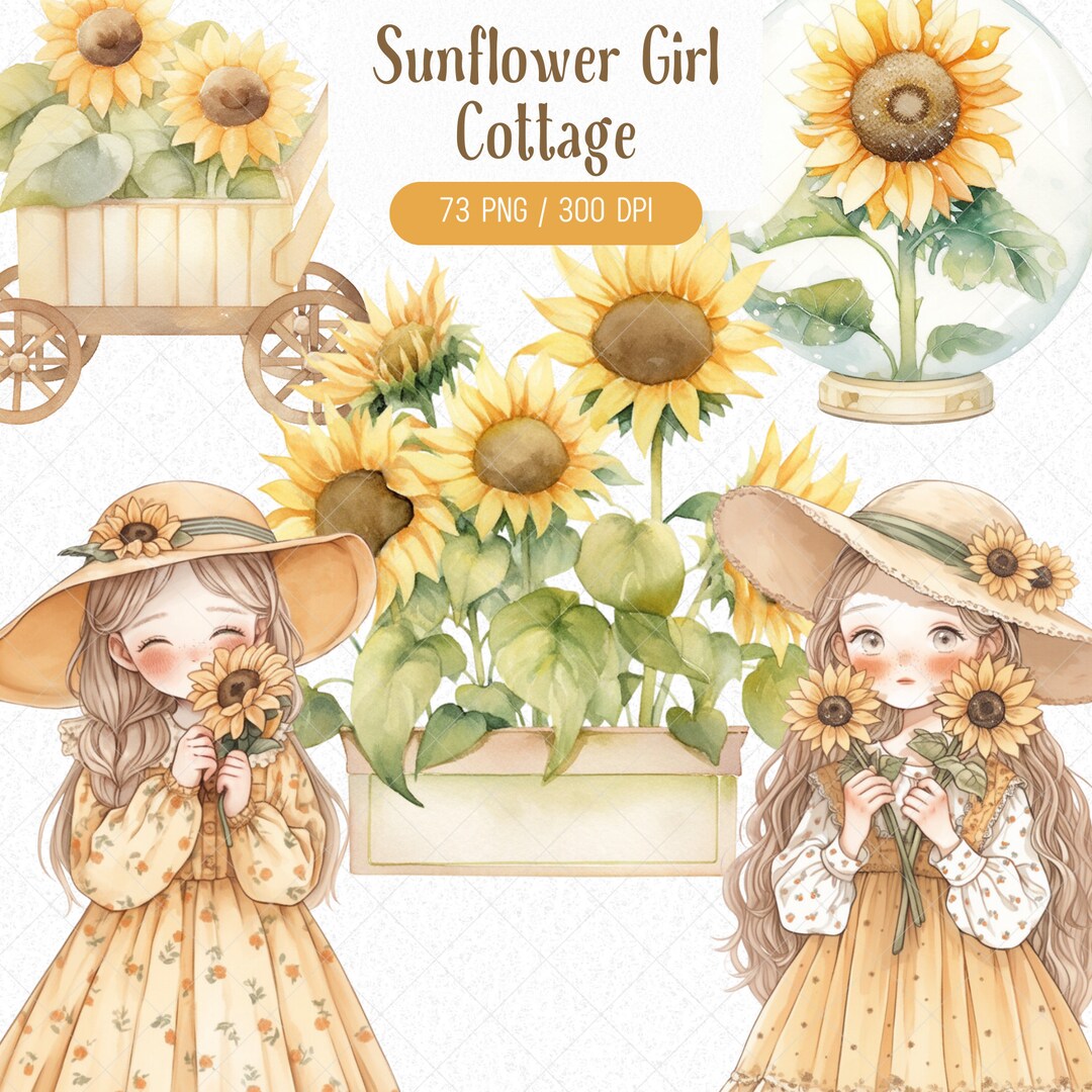 Watercolor Sunflower Girl Clipart Bundle, Bloom Cottagecore Style ...