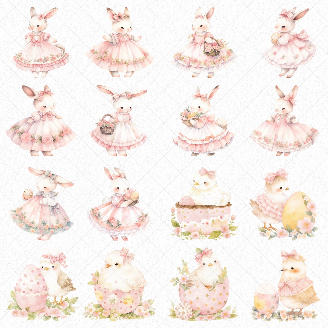 Watercolor Pink Bunny Clipart Bundle, Easter Egg Cottagecore ...
