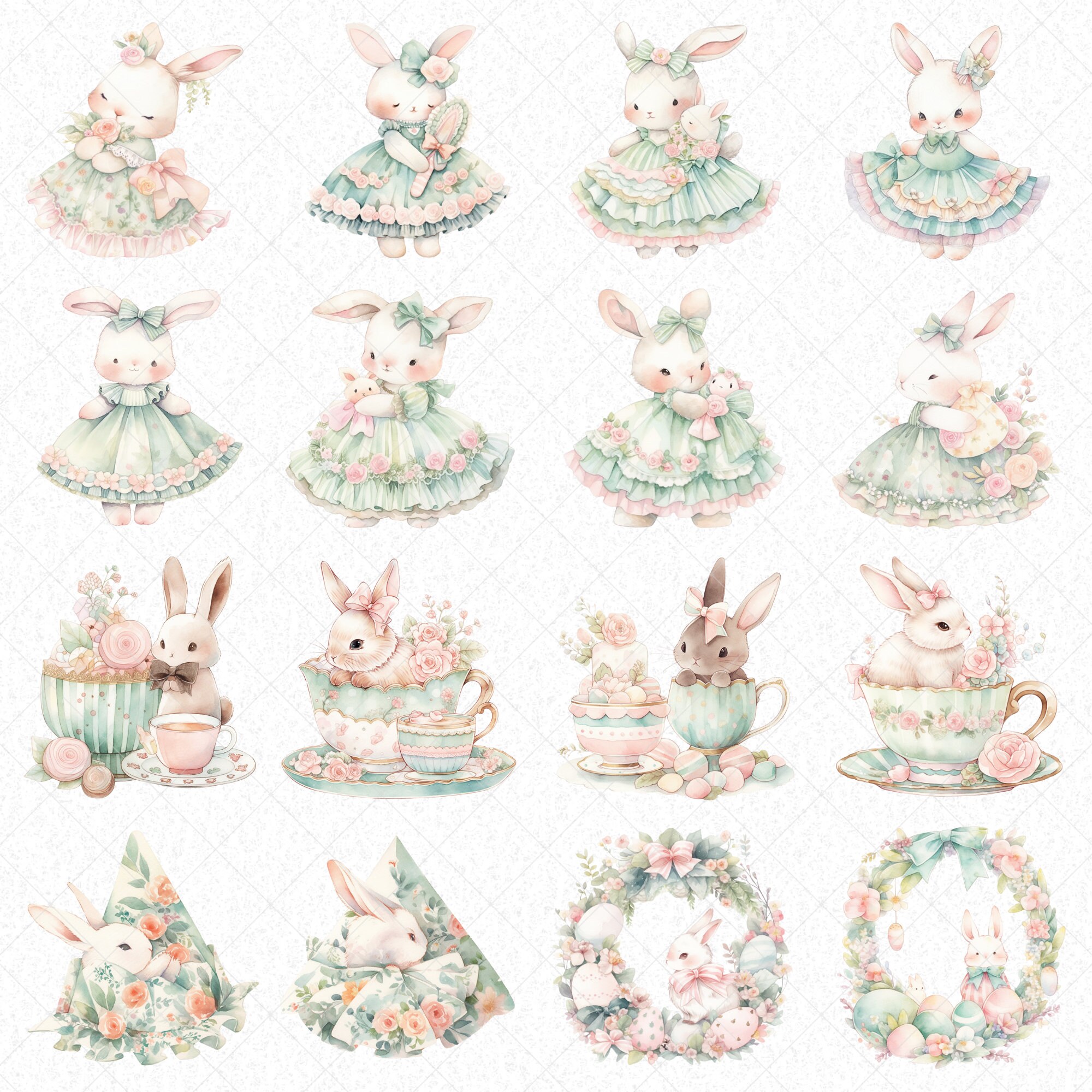 Watercolor Bunny Tea Time Clipart Bundle, Cottagecore Easter PNG ...