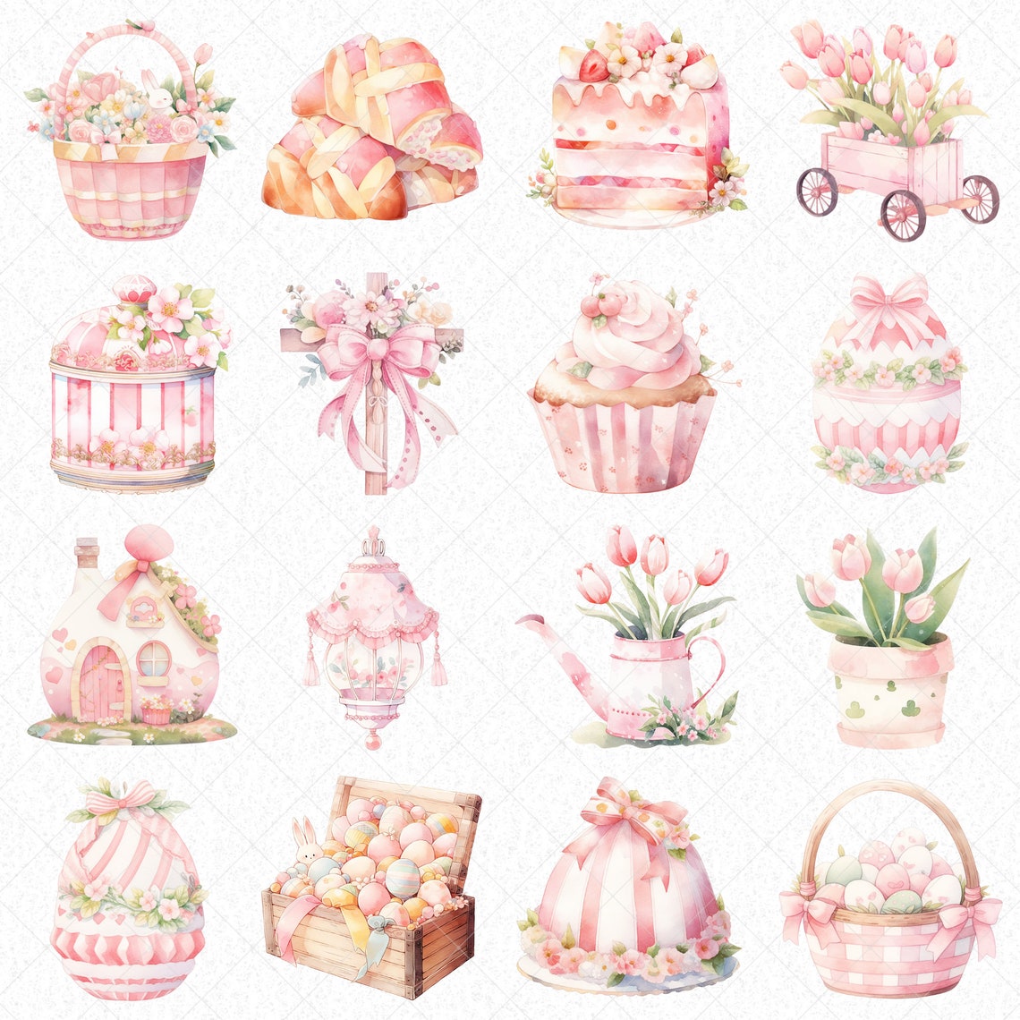 Watercolor Pink Bunny Clipart Bundle, Easter Egg Cottagecore ...