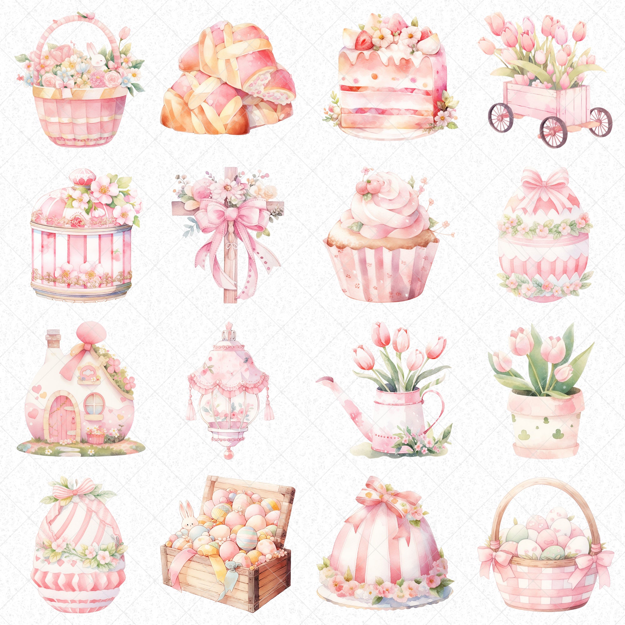 Watercolor Pink Bunny Clipart Bundle, Cottagecore Easter Graphics ...