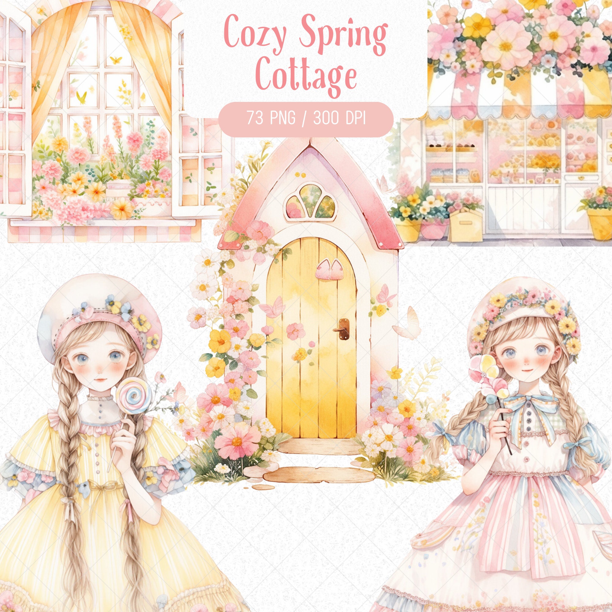 Watercolor Cozy Spring Clipart Bundle, Cottagecore Style Countryside ...