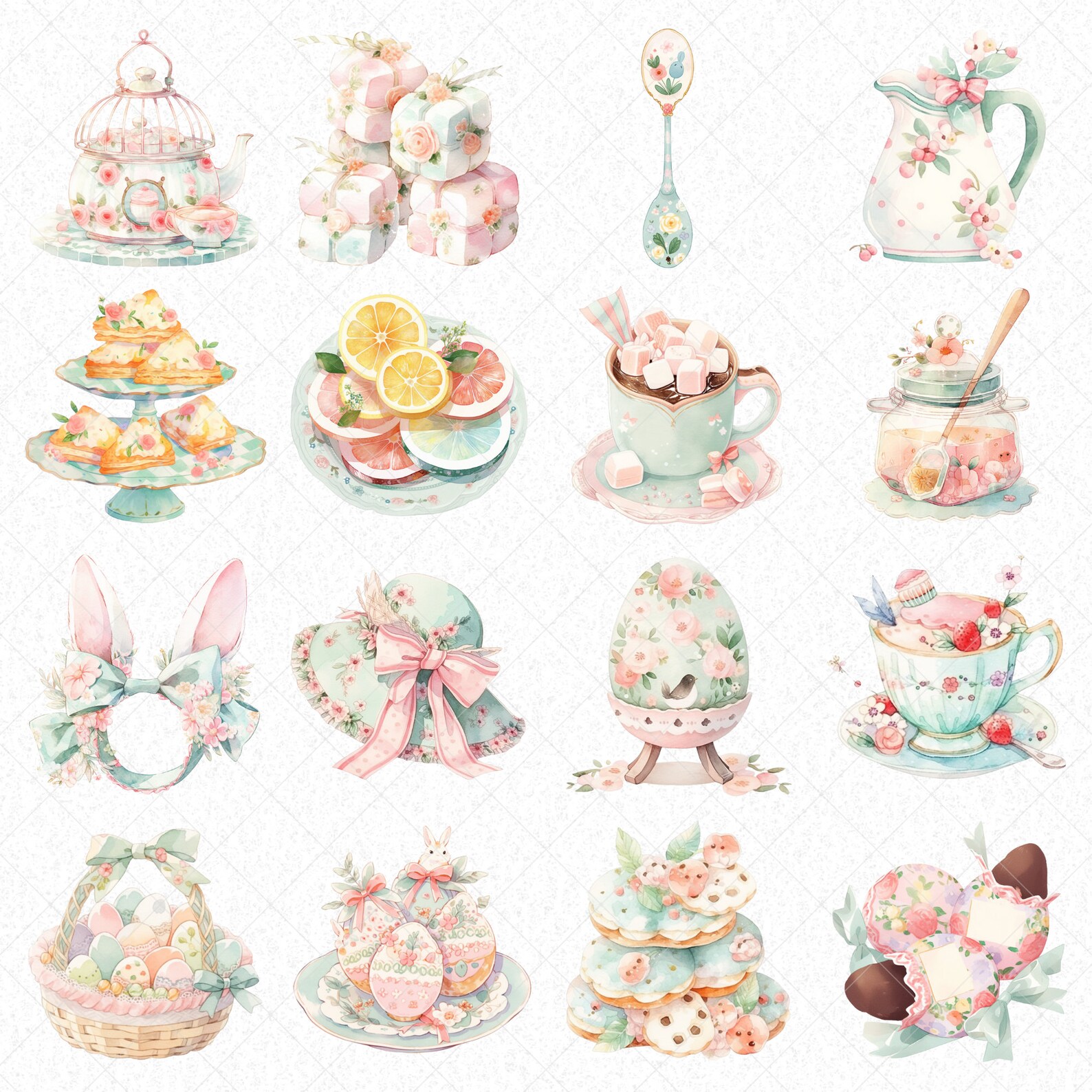 Watercolor Bunny Tea Time Clipart Bundle, Cottagecore Easter PNG ...