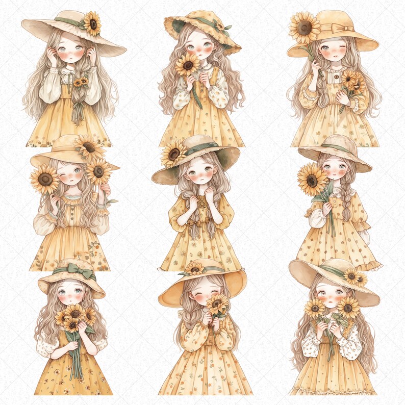Watercolor Sunflower Girl Clipart Bundle, Bloom Cottagecore Style ...