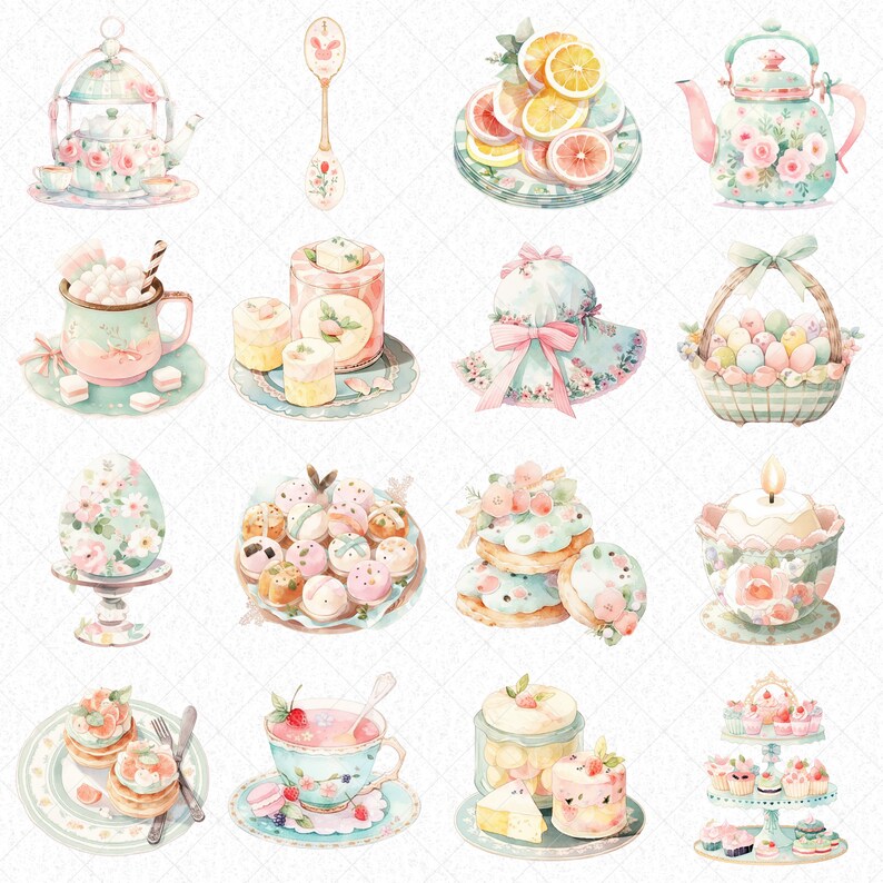 Watercolor Bunny Tea Time Clipart Bundle, Cottagecore Easter PNG ...