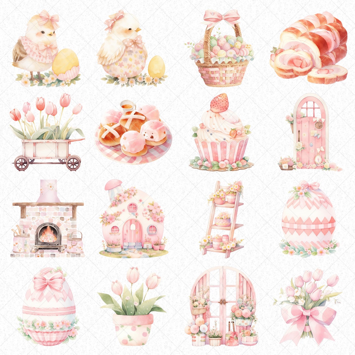 Watercolor Pink Bunny Clipart Bundle, Cottagecore Easter Graphics ...